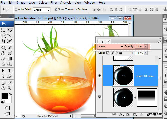 Shiny glass yellow tomatoes with colorful liquid inside and splashing ...