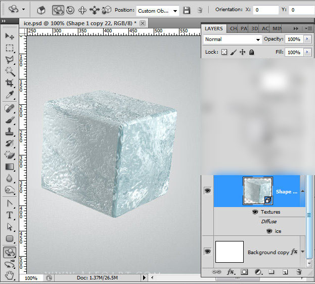 Ice cube 3D photoshop tools tutorial. 3D scene ice cube and cherry ...