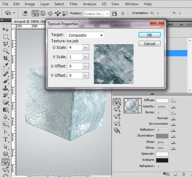 Ice cube 3D photoshop tools tutorial. 3D scene ice cube and cherry ...
