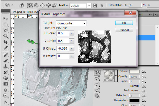 Ice cube 3D photoshop tools tutorial. 3D scene ice cube and cherry ...