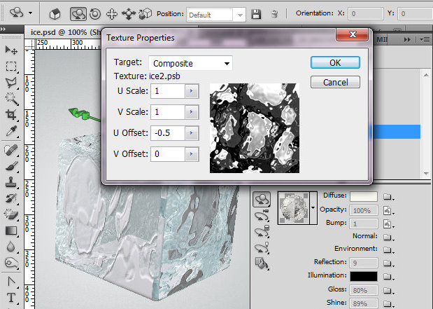 Ice cube 3D photoshop tools tutorial. 3D scene ice cube and cherry ...