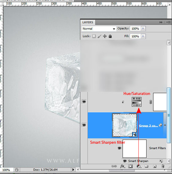 Ice cube 3D photoshop tools tutorial. 3D scene ice cube and cherry ...