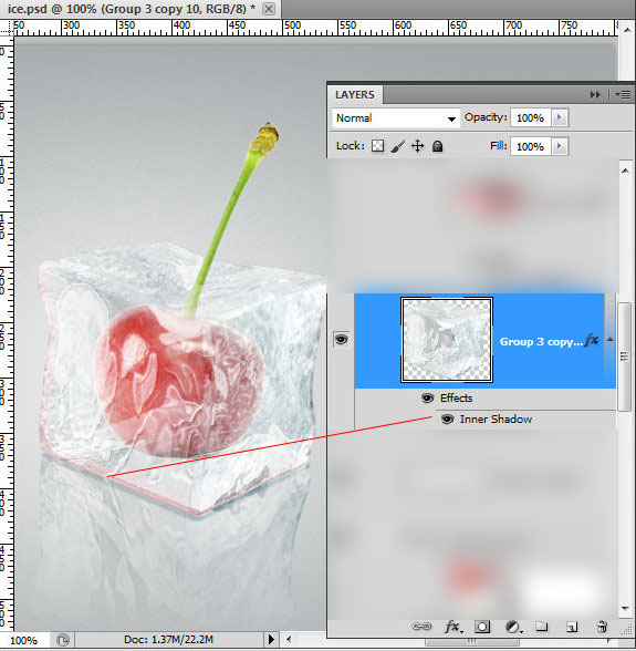 Ice cube 3D photoshop tools tutorial. 3D scene ice cube and cherry ...