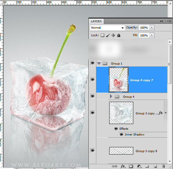 Ice cube 3D photoshop tools tutorial. 3D scene ice cube and cherry ...